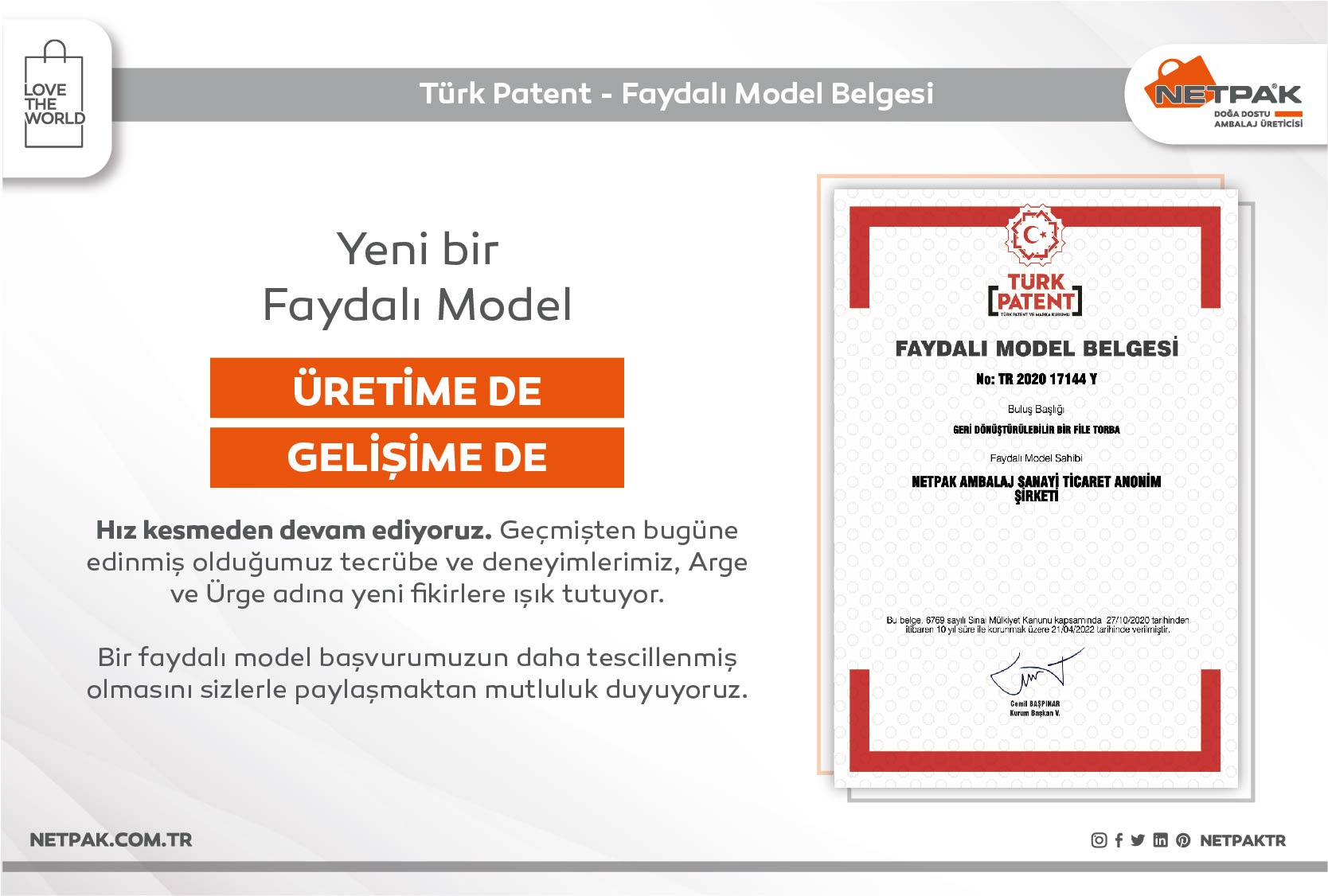 Turkish Patent - Utility Model Certificate - Nonwoven Bag - Netpak